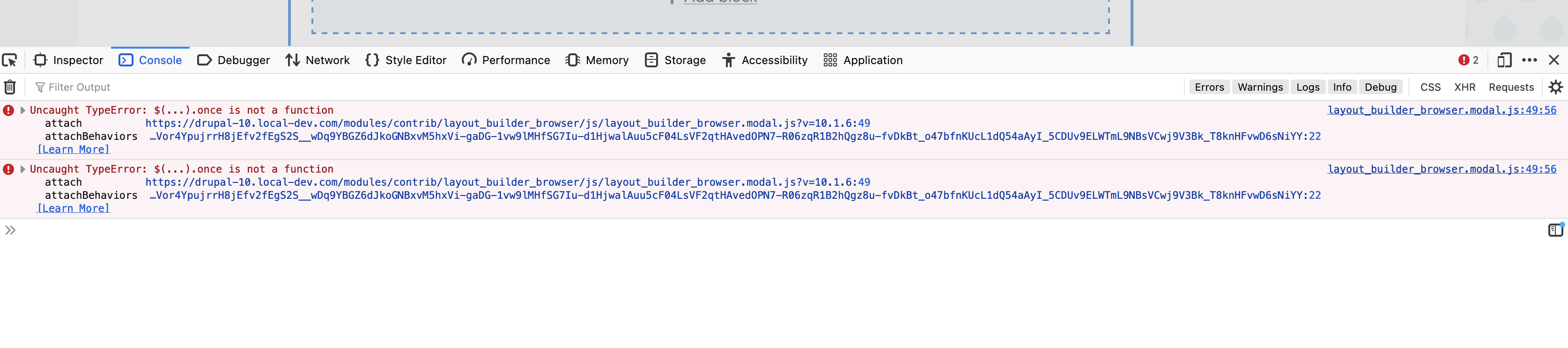 Layout Builder Browser Console Error Uncaught Typeerror Once Is Not A Function
